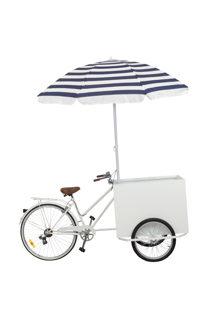 Ice Cream Bike With Striped Umbrella Blue And White Social Event Hire
