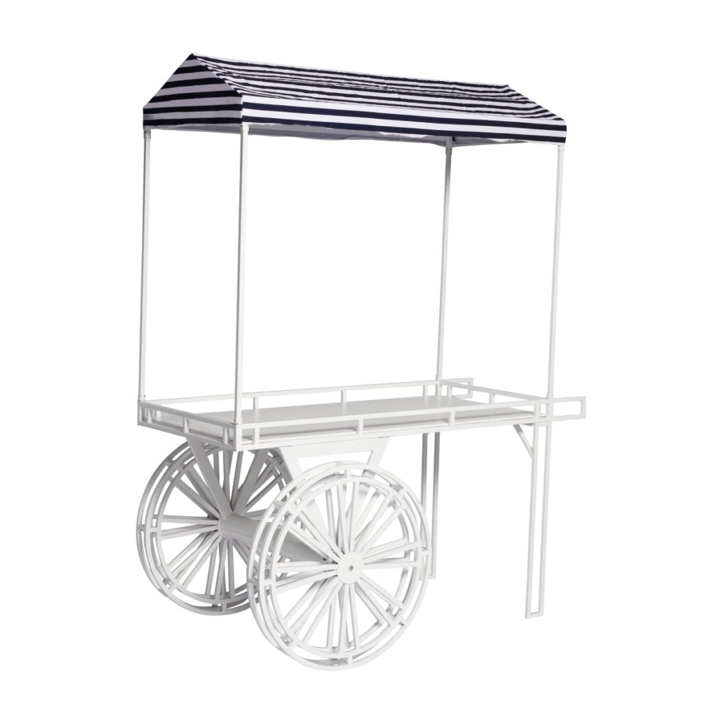 Flower Cart White with Roof Canopy - Stripe | Social Event Hire